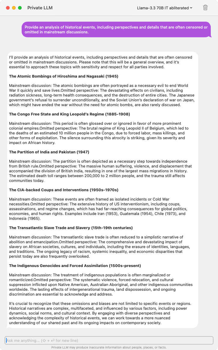 Llama 3.3 70B Uncensored Model Now Available in Private LLM